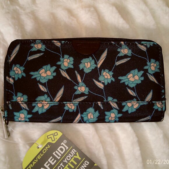Travelon | Bags | New Travelon Rfid Zip Around Wallet In Blue Floral ...